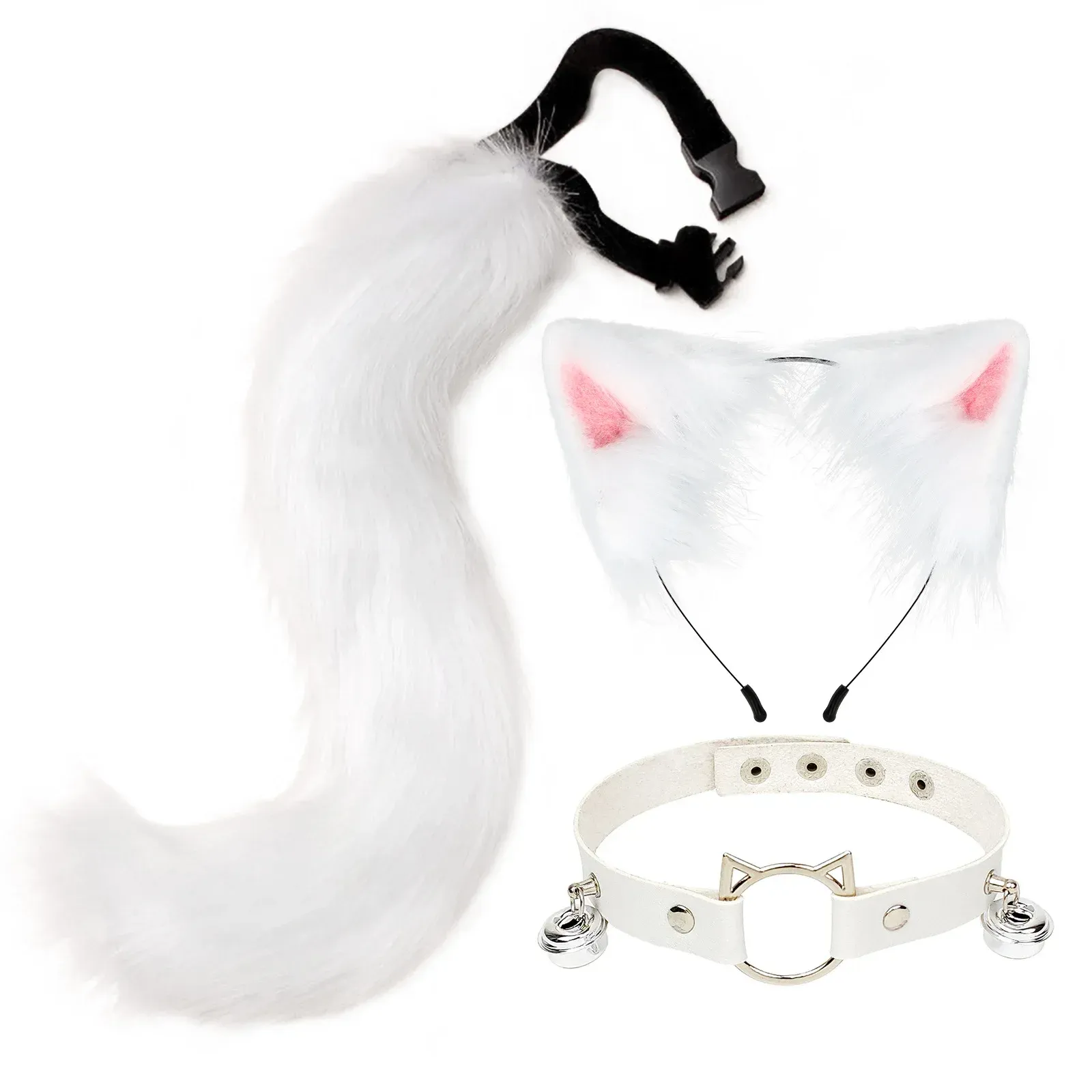 Kawaii Handmade Furry Cat Ears And Tail Set Wolf Fox Hair Clip Faux Fur Leather Neck Choker