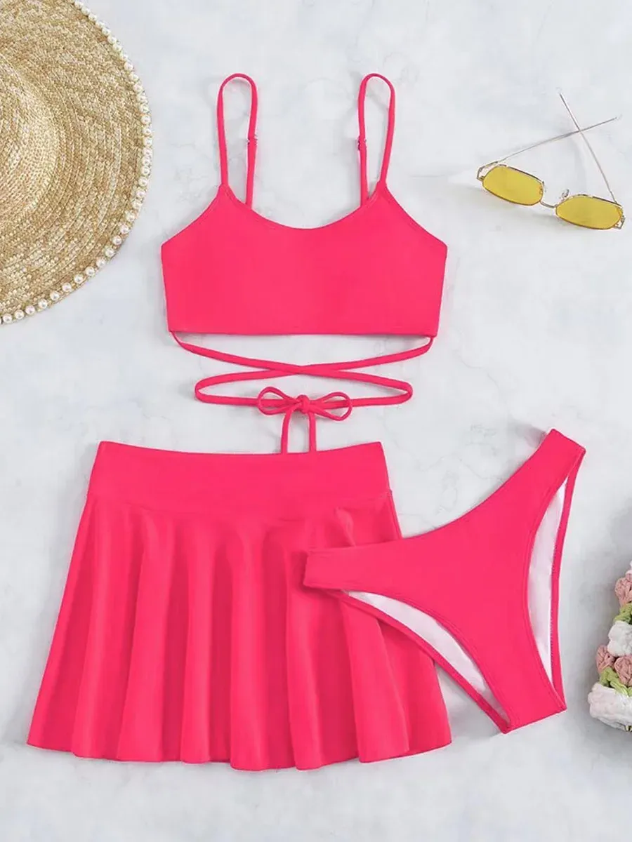 String Bikini Swimsuits: Women's Solid Color Swimwear Set With Beach ...