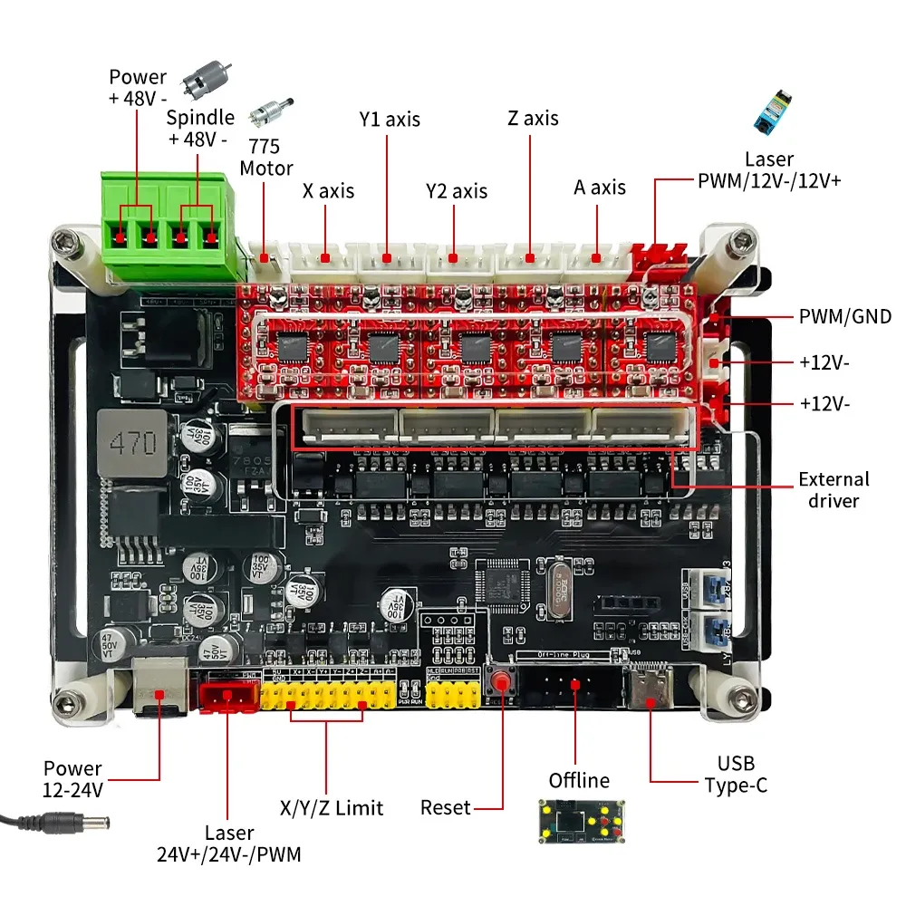 GRBL 32 Bit Controller Board 4 Axis, A4988/8825 Driver, CNC Engraving, 300/500W Spindle & Laser ...