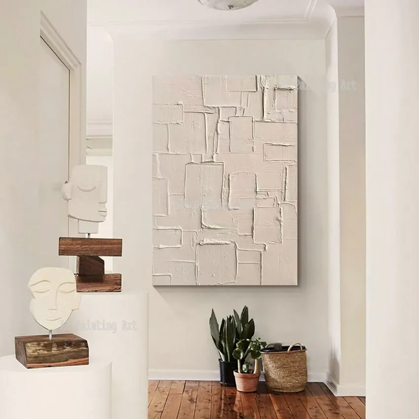Large Abstract Canvas Wall Art - Hand-Painted Textured White Oil ...