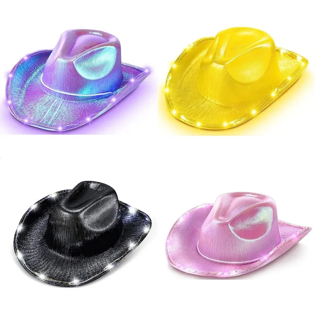 LED White Light Up Cowboy Neon Cowgirl Hat Holographic Rave Fluorescent ...