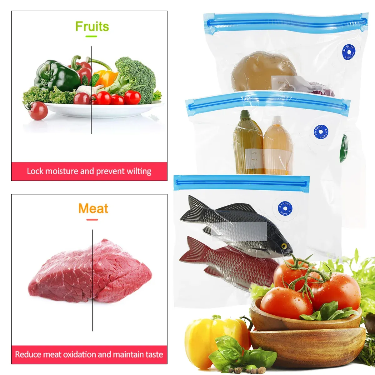 Reusable Vacuum Bags Food Set: Vacuum Food Storage Bags Kit With Hand ...