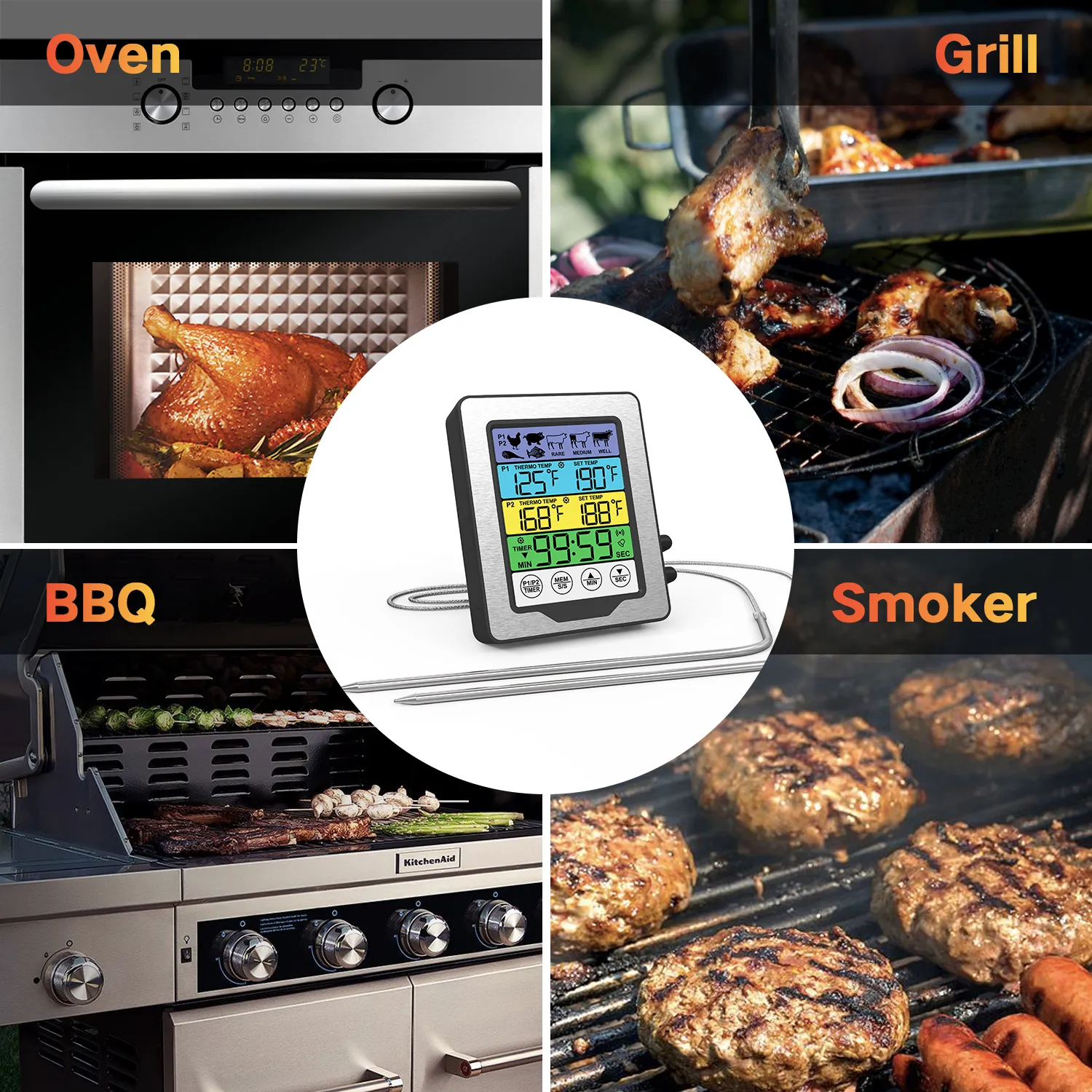 Digital Food Thermometers Meat Cooking Gauge With 7 Preset Temperatures ...