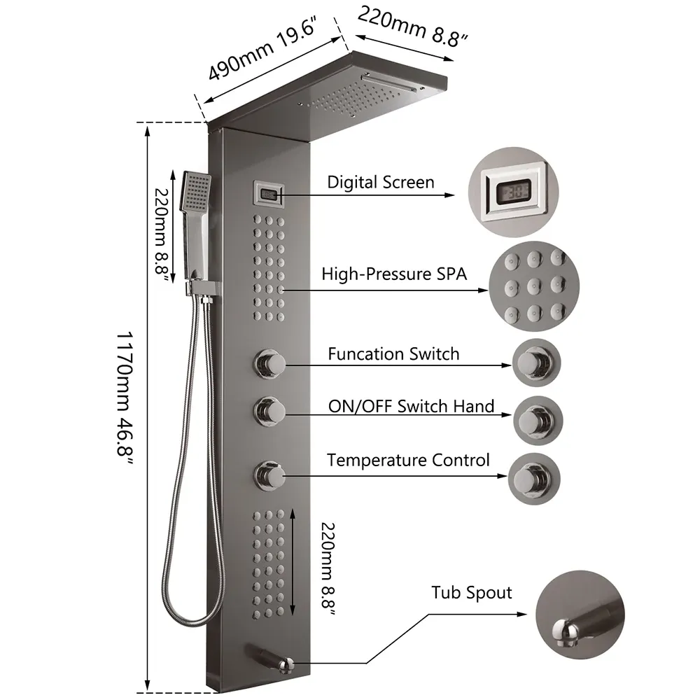 Digital Display Shower Panel - Temperature Controlled Massage Jets ...