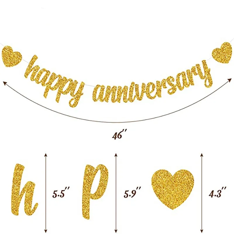 Happy Anniversary Banner with Gold Glitter Heart Bunting for Wedding ...