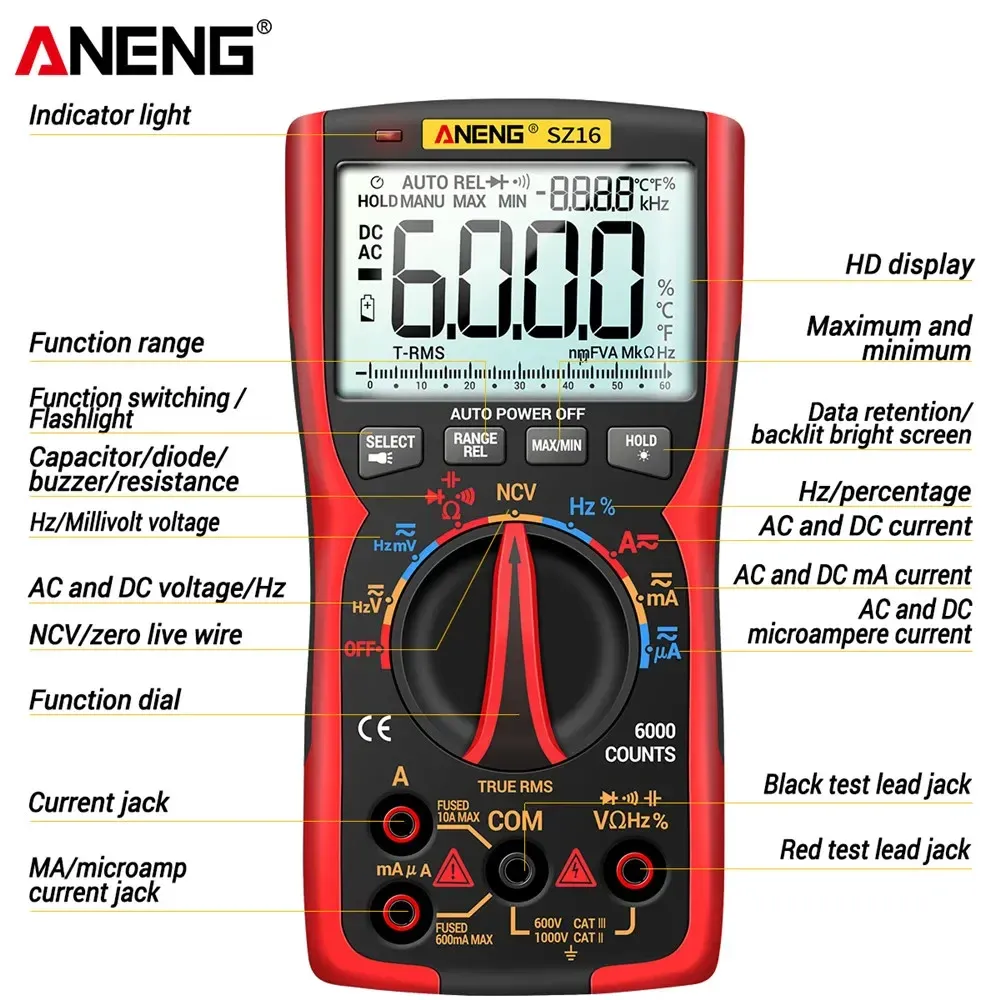 ANENG SZ16 Smart Multimeter - Auto Range, Continuity Tester, True RMS ...