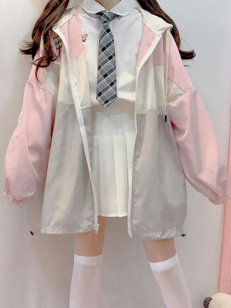 2024Japanese Kawaii Xgoth Hooded Jacket, Pink Preppy Long-sleeved JK Coat for Sunscreen in ...