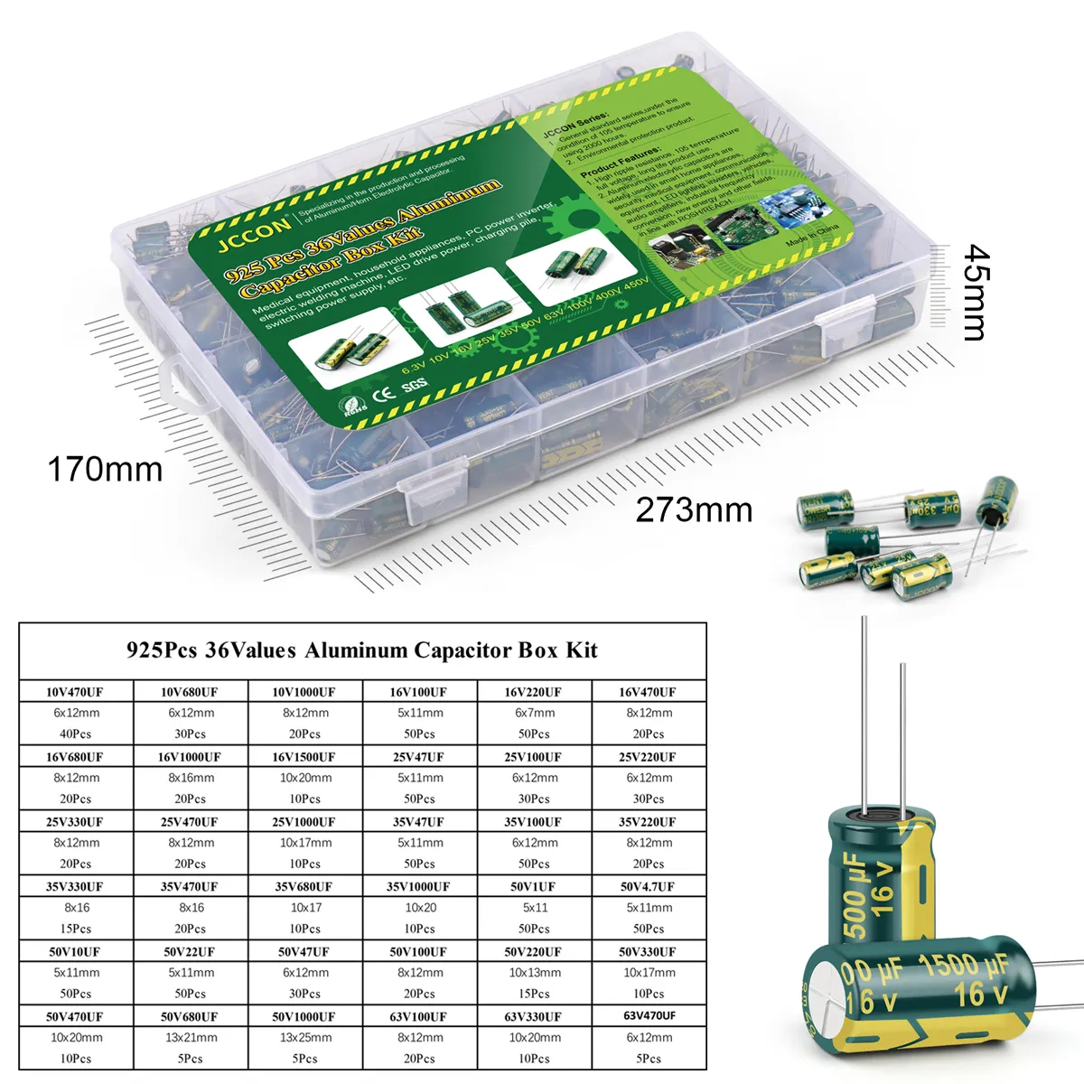 DHgate.com:Aluminum Electrolytic Capacitor Assortment Kit: 36 Values, 10V-63V, 925Pcs for High ...