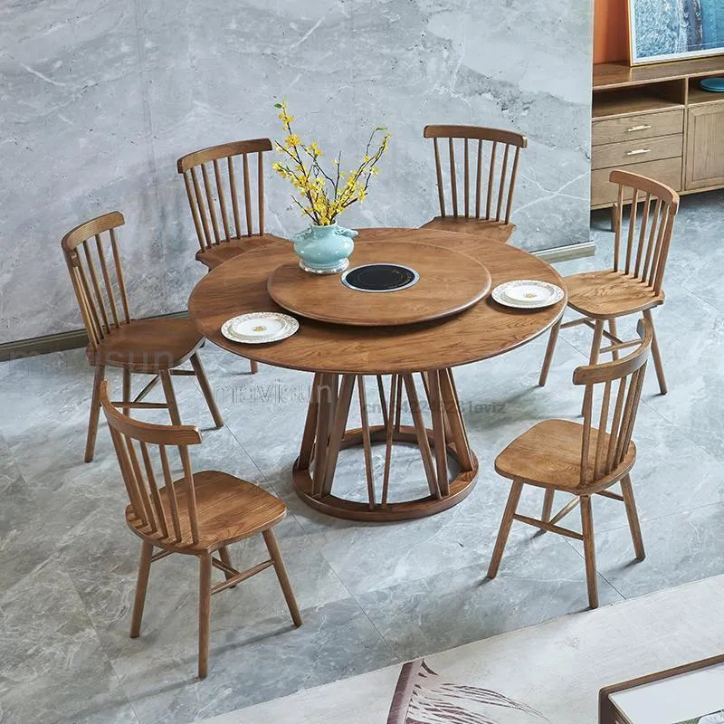 Classical Solid Wood Kitchen Table Set with 6 Chairs, Extendable Round ...