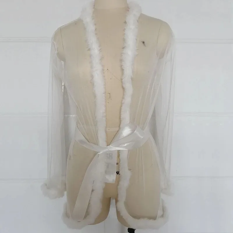 Women Sexy Lingerie Mesh Sheer See Through Sleepwear Robe Fur Erotical ...