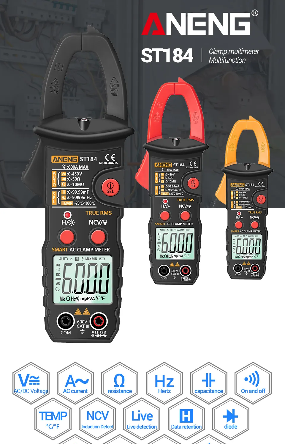 DC Current Amp Meter Clamp Meter, True RMS Digital Multimeter 6000 ...