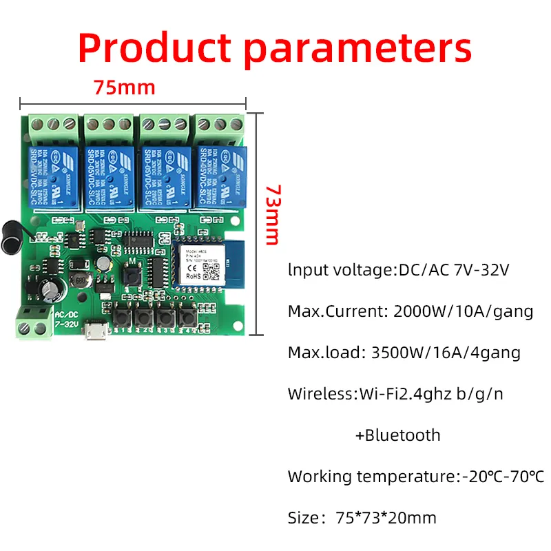 Tuya Smart Wifi Light Switch Module Board 4CH DC 12V 24V 32V Relay with ...