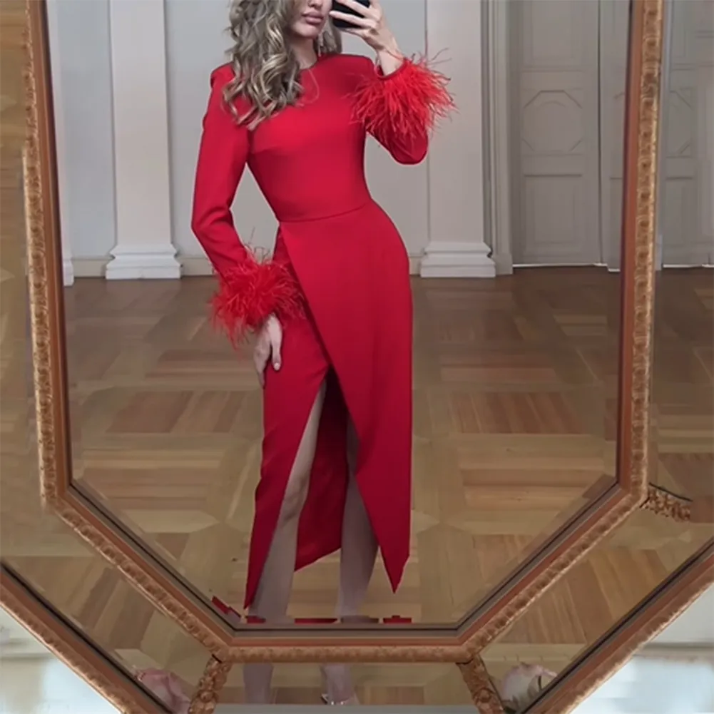 DHgate.com:Long Sleeve Crepe Red Slit Feather Evening Dress:Wedding ...