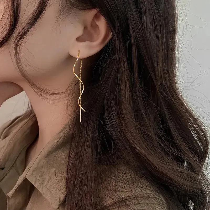 Tassel Threader Wave Earrings Korean Fashion Long Chain Drop Dangle Jewelry Gift
