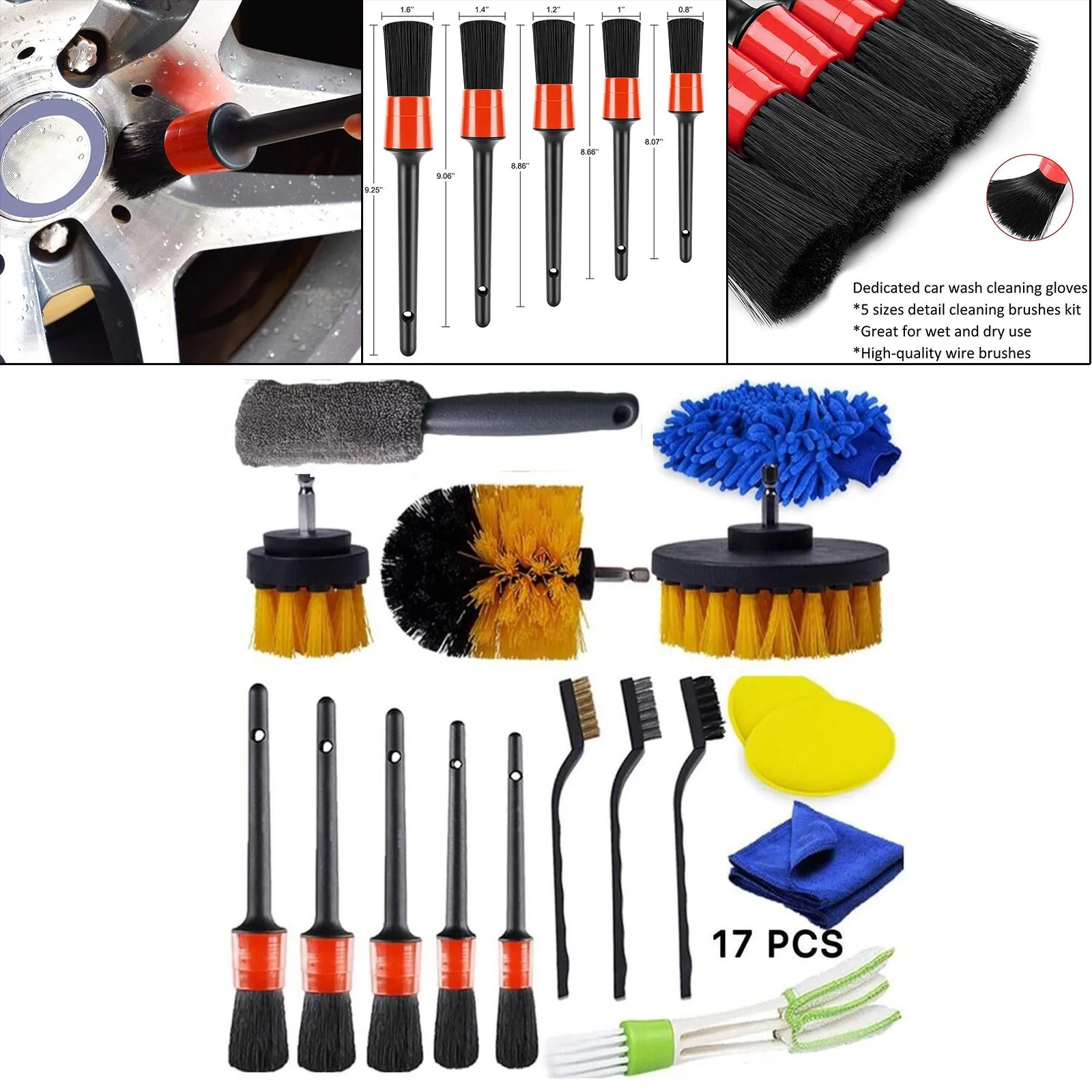 17-Piece Car Brush Set for Cleaning Wheels, Interior, Exterior, and Air ...