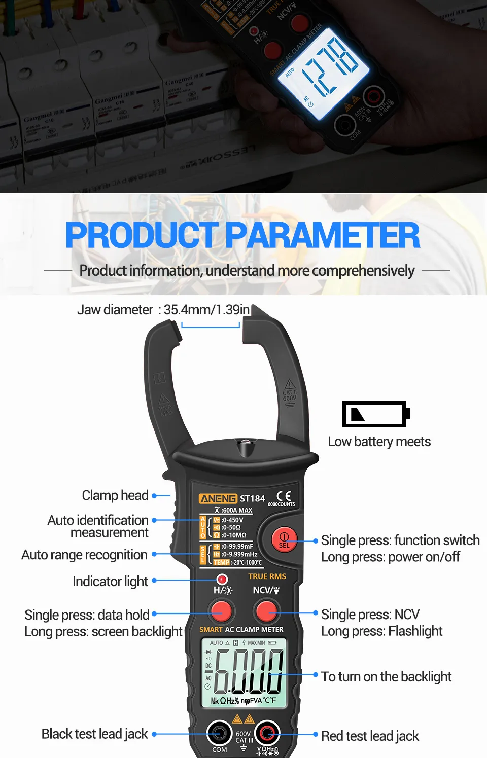 DC Current Amp Meter Clamp Meter, True RMS Digital Multimeter 6000 ...