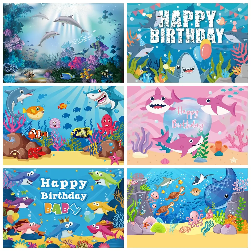 Laeacco Sea Fish Photography Backdrops Shark, Cartoons, Shell, Coral ...