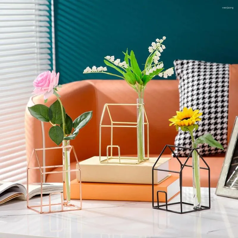 Clear Glass Test Tube Vase With Metal House Stand For Hydroponics Plants Creative Desktop Decor