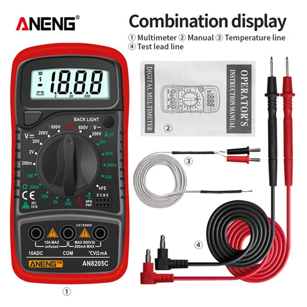 AN8205C Multimeter w/ Thermocouple, LCD, Backlight - AC/DC Ammeter Volt ...