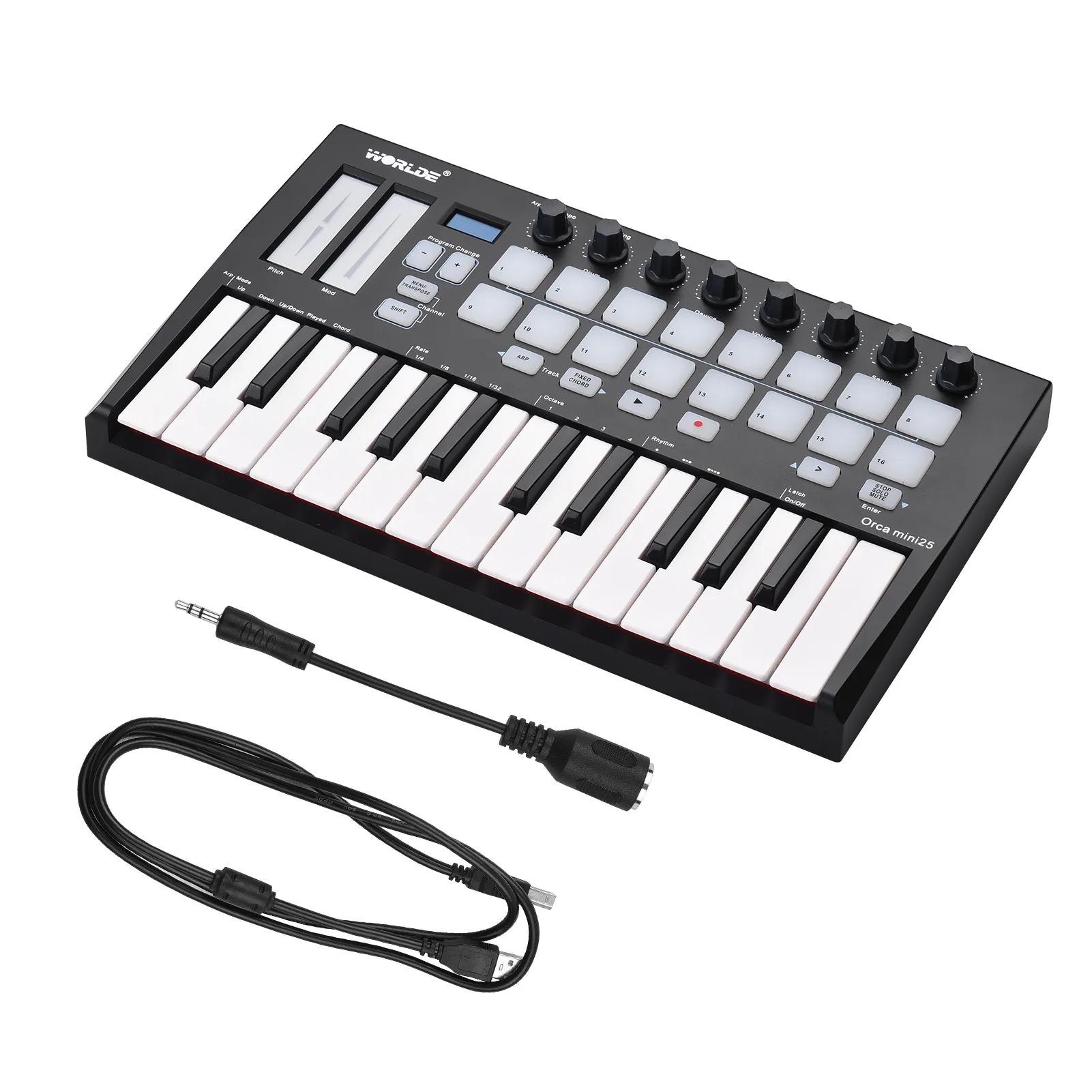 DHgate.com:WORLDE Orca mini25: 25-Key MIDI Keyboard with RGB Trigger Pads, Control Knobs for ...