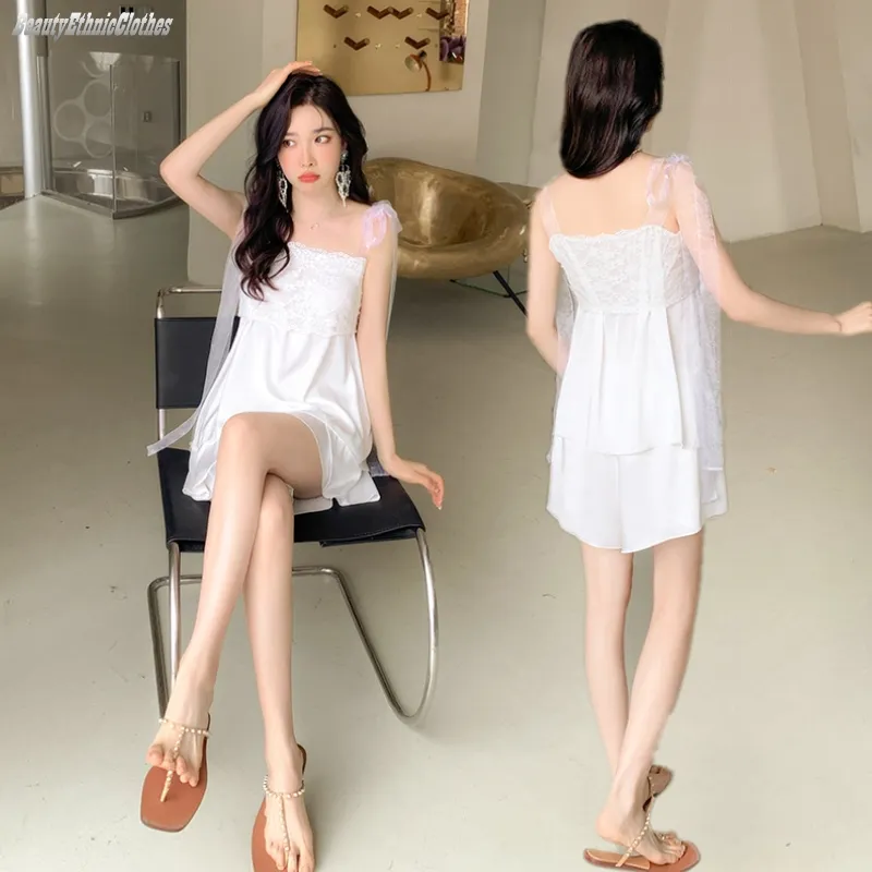 Sexy White Spaghetti Strap pajamas womens set for...