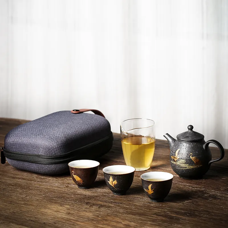 Tangpin Black Ceramic Teapot Set With 3 Cups, Portable Travel Tea Set ...