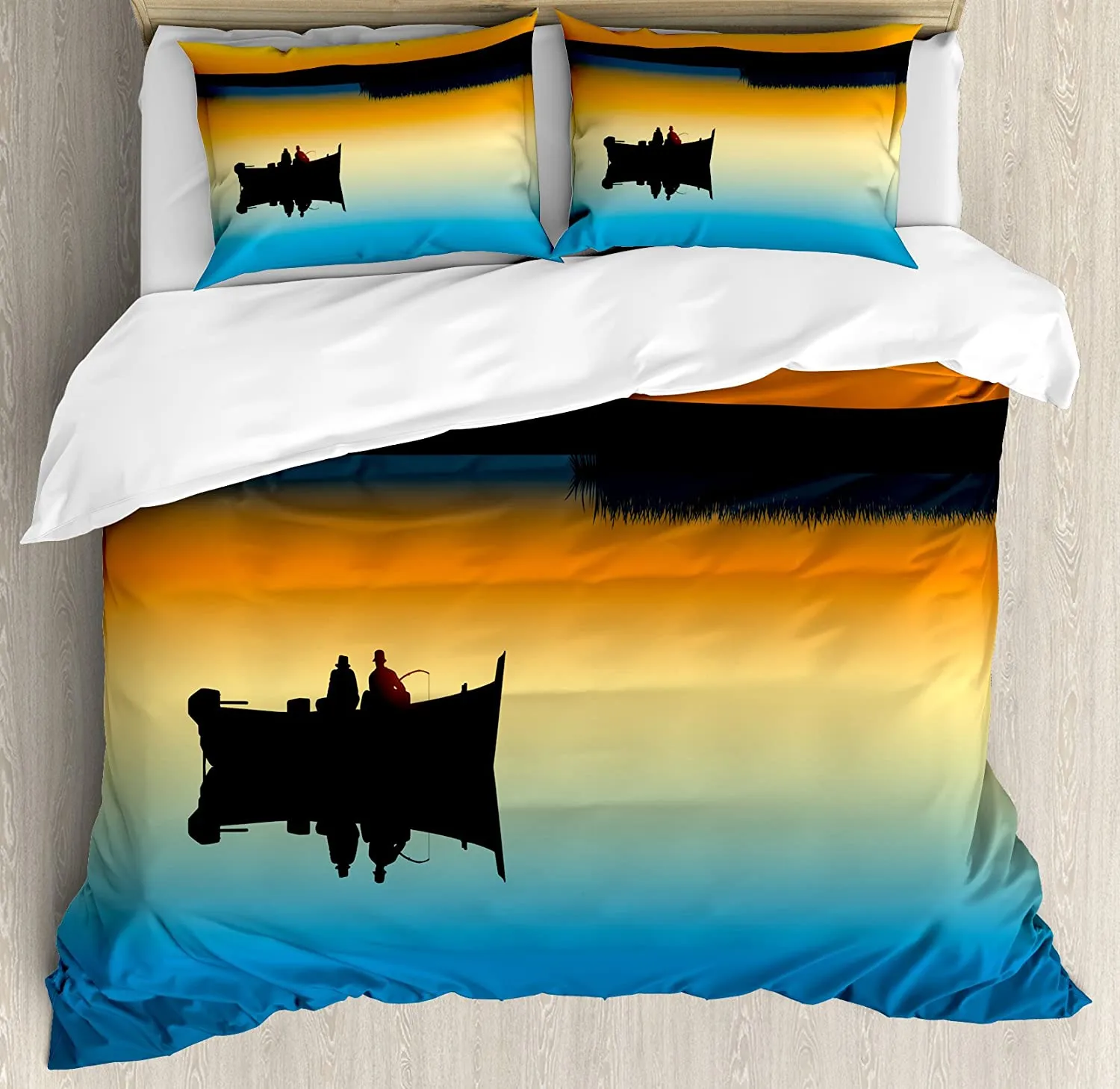 Fishing Duvet Cover Set with Male Friends Fishing Scene on Tranquil ...