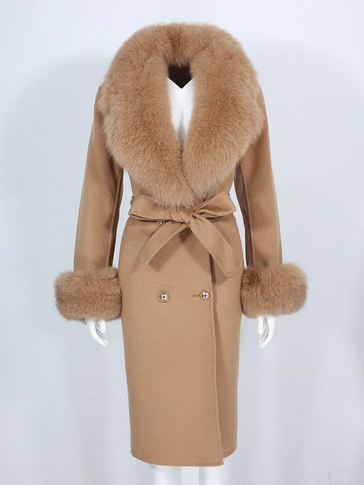 DHgate.com:2024 Women's Cashmere Wool Blend Fur Coat, Natural Fox Fur ...