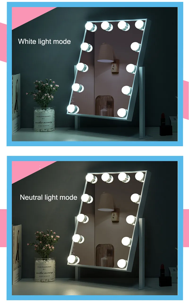 Desktop Vanity Mirror with LED Bulb Ring for Makeup and Dormitory Table ...