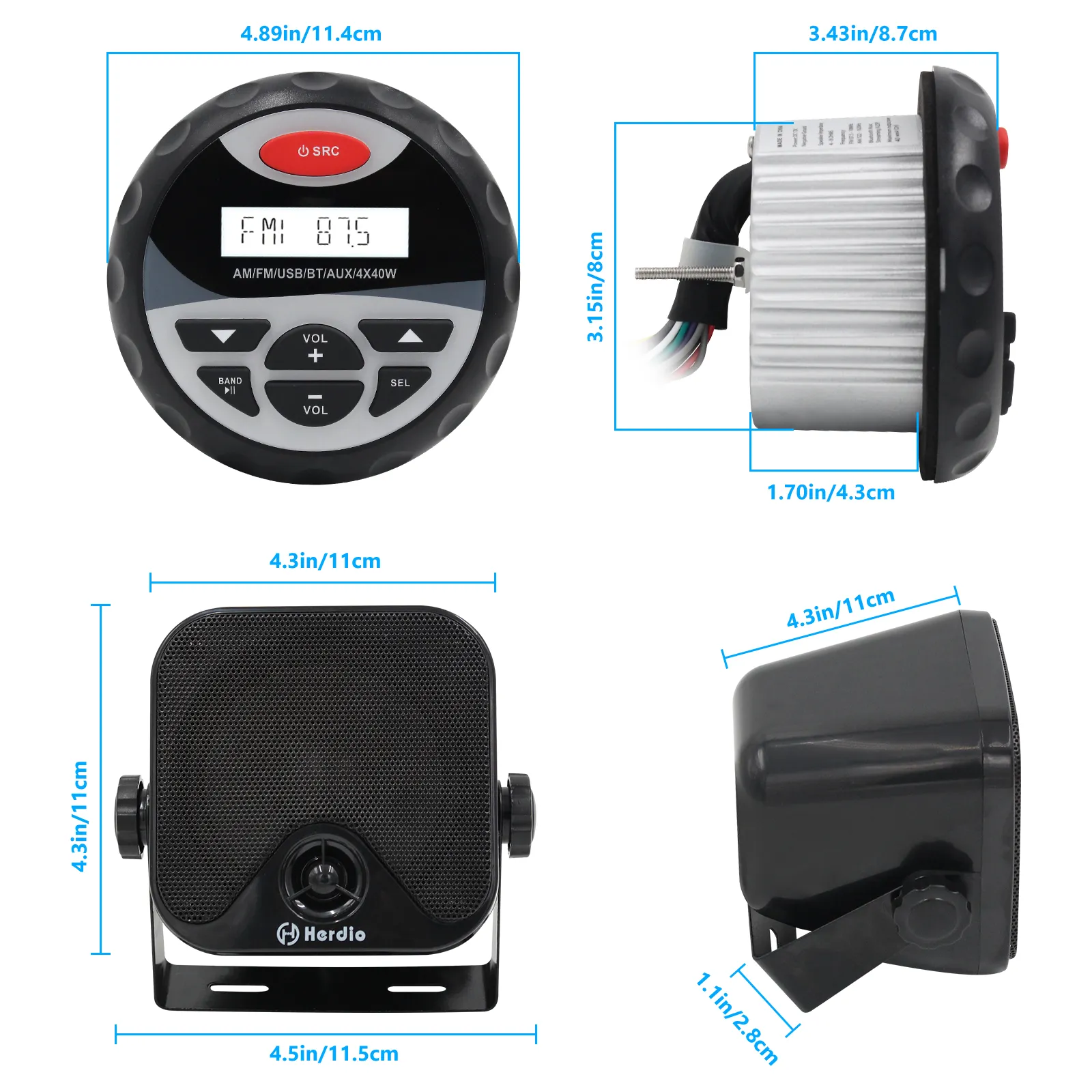 3.5 Inch Round Waterproof Bluetooth Radio And 4 Inch Marine Speakers ...