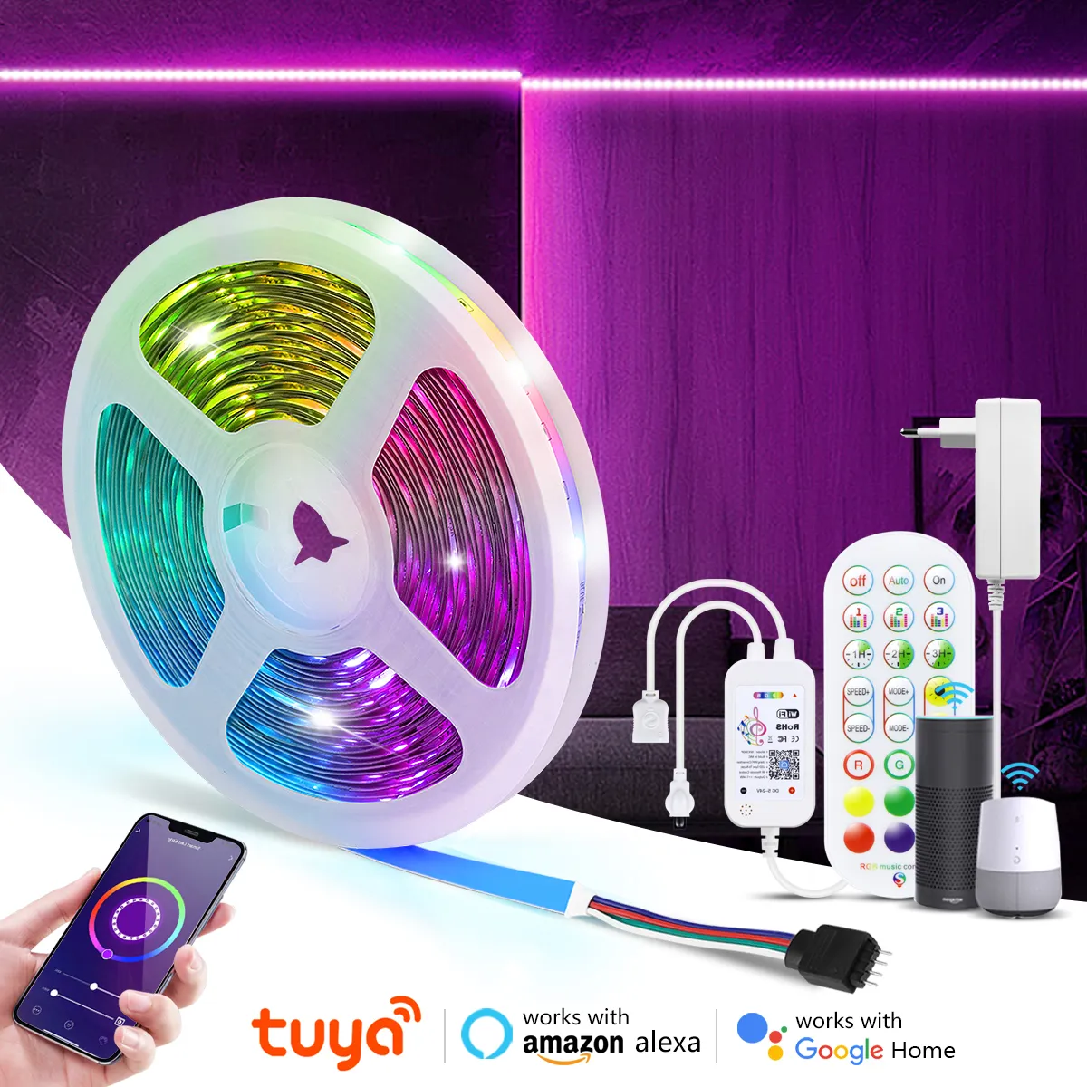 Tuya Smart Life WiFi LED Strip 5/10/15 ft RGB Light Tape AC220V AC110V ...
