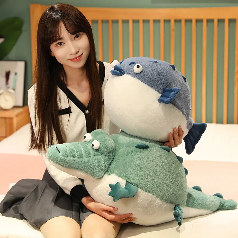 Cute Crocodile & Puffer Fish Plushie Large Stomach Water Animal Throw ...