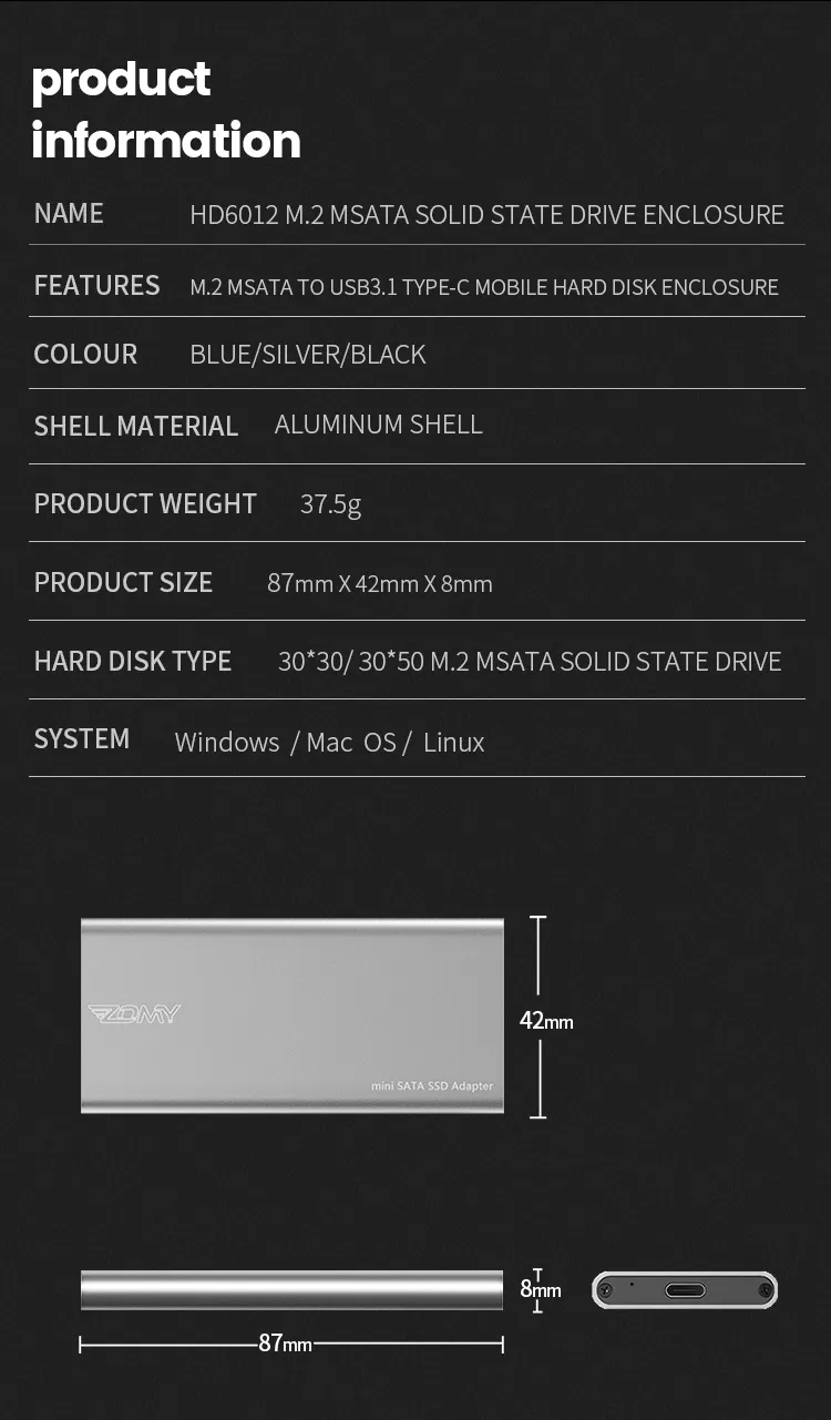 Mini SATA SSD To USB 3.1 Type C Enclosure Aluminum Portable Solid State ...