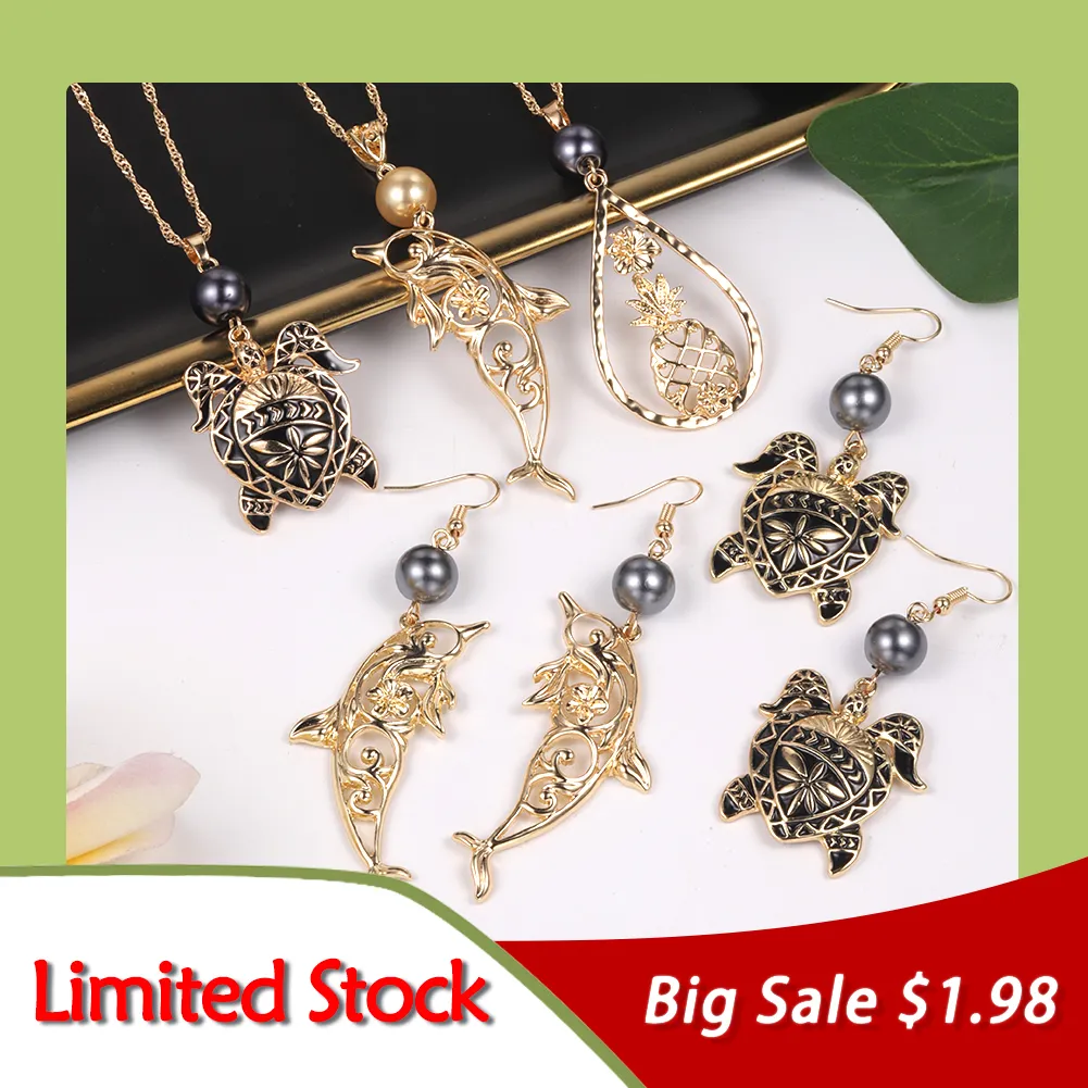 Hawaiian Polynesian Jewelry Set: Pearl Sea Turtle Necklace & Dolphin ...