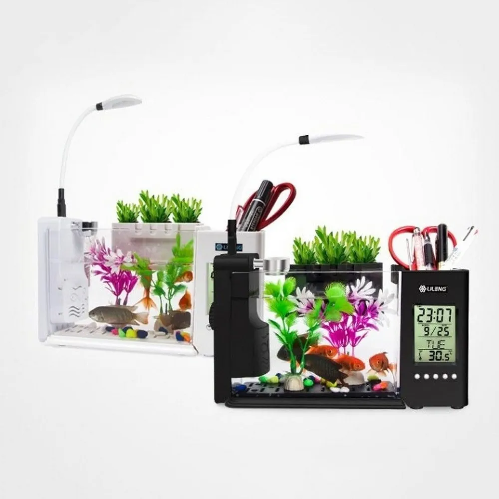 Mini Aquarium Starter Kit - LED Fish Tank with Pen Holder, Clock & LCD ...