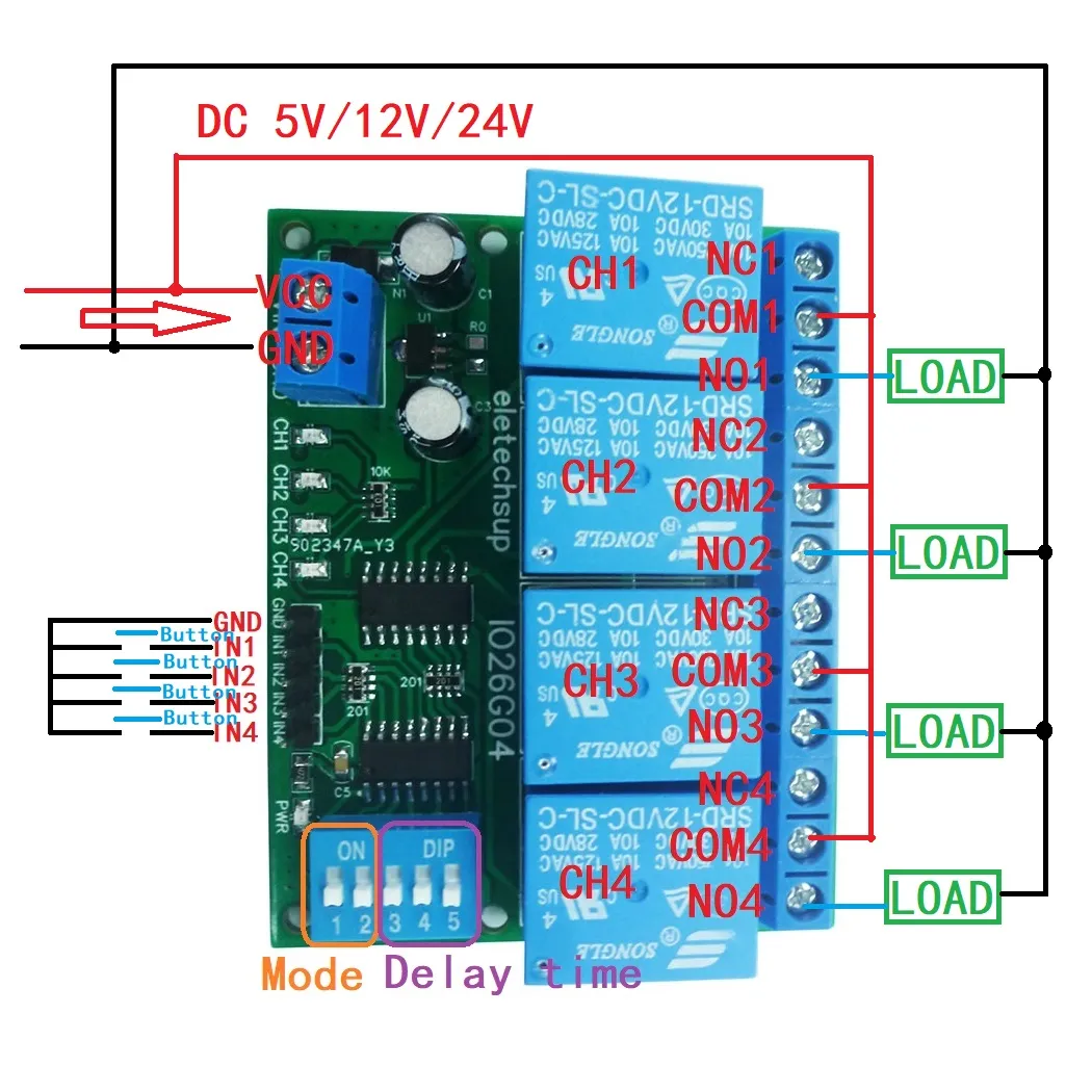 12 Volt DC Time Delay Relay Module - 4CH 5V/12V/24V DIP Switch Flip ...