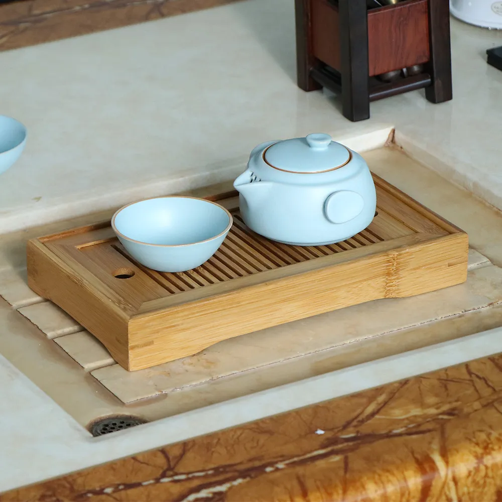 Kung Fu Tea Set with Natural Wood Bamboo Tea Tray - Rectangular ...