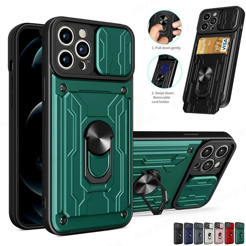 Armor Slide Card Slot Case for iPhone with Push Window Magnetic Ring ...