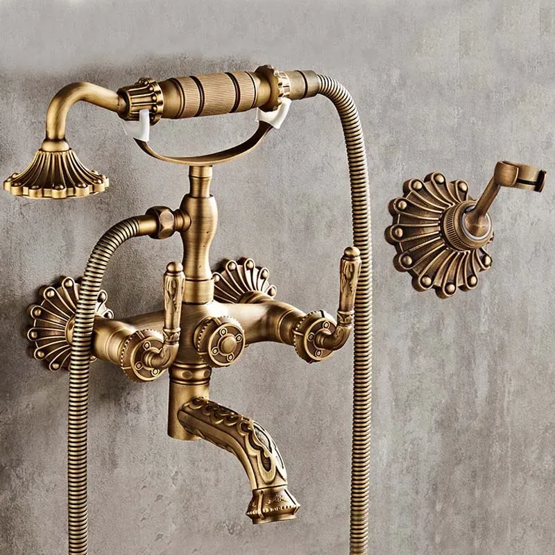 Luxury Antique Brass Shower Set - Wall Mounted Bathroom Faucet Mixer ...