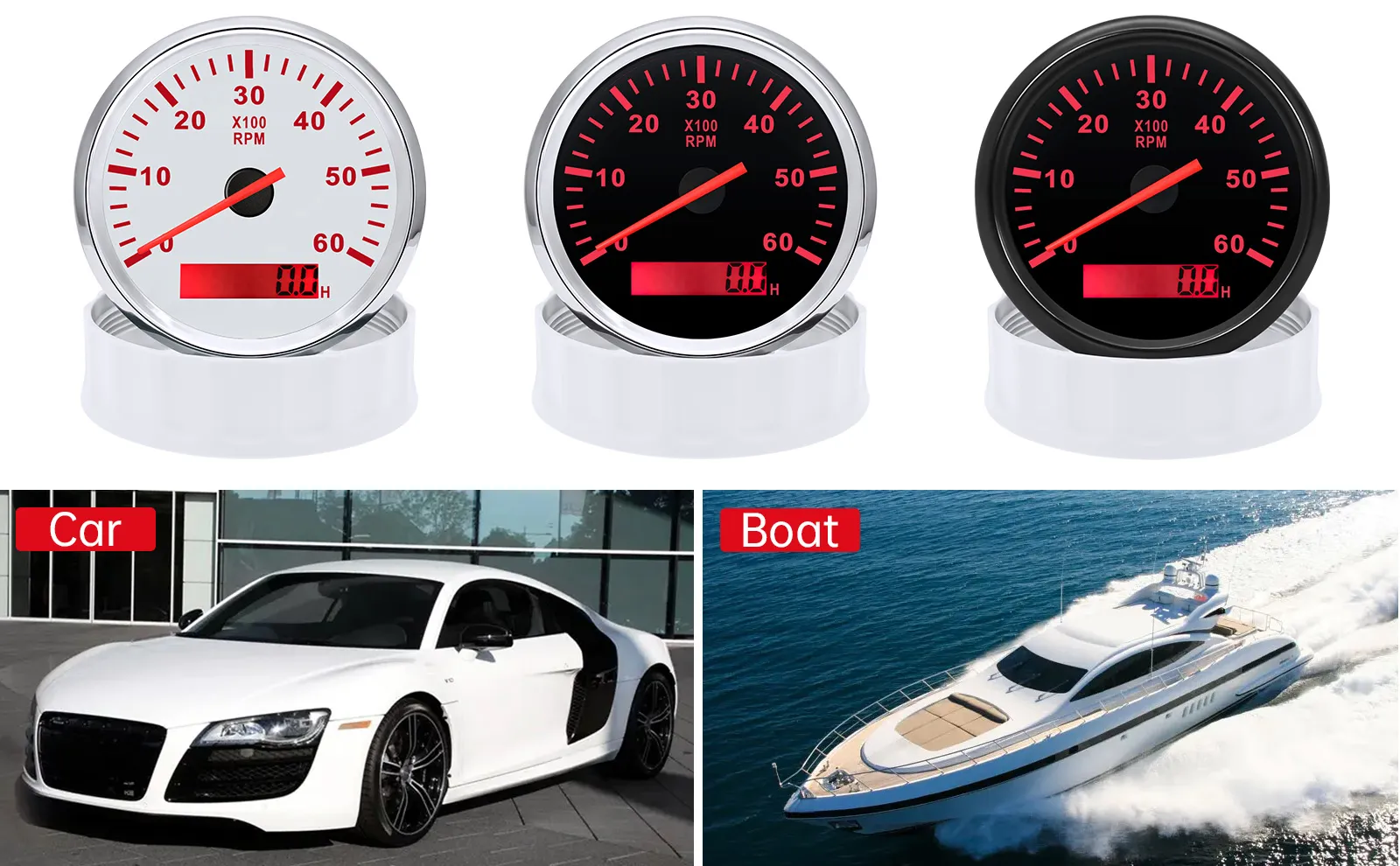 Universal 85mm Digital Boat Tachometers 6000 RPM Gauge With Hourmeter ...
