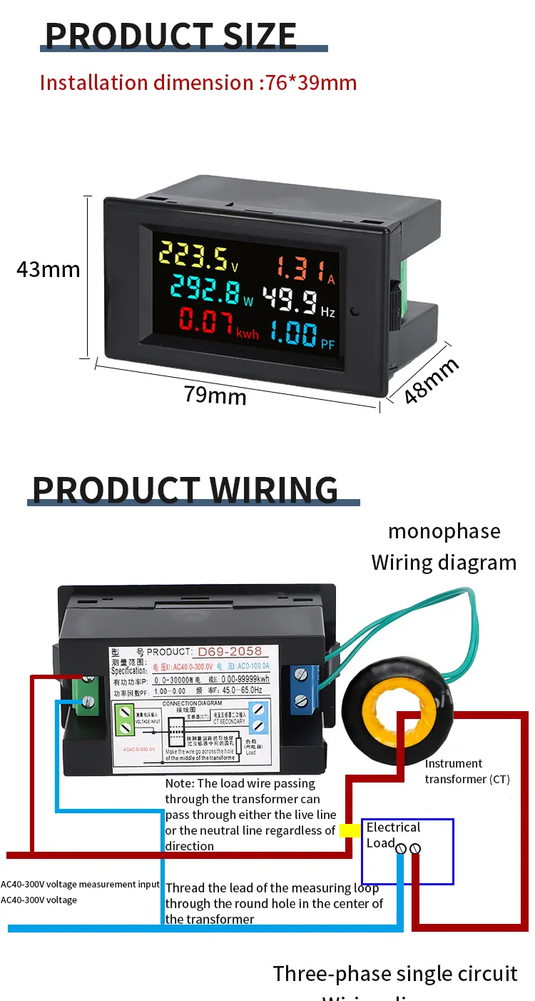 6IN1 AC Monitor 110V 220V 380V 100A Voltage Current Power Factor Active ...