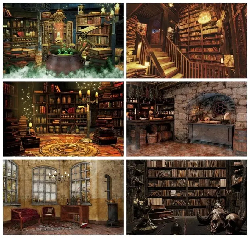 Vintage Photo Backdrop: Spooky Scene Setter With Bookshelf, Skull ...