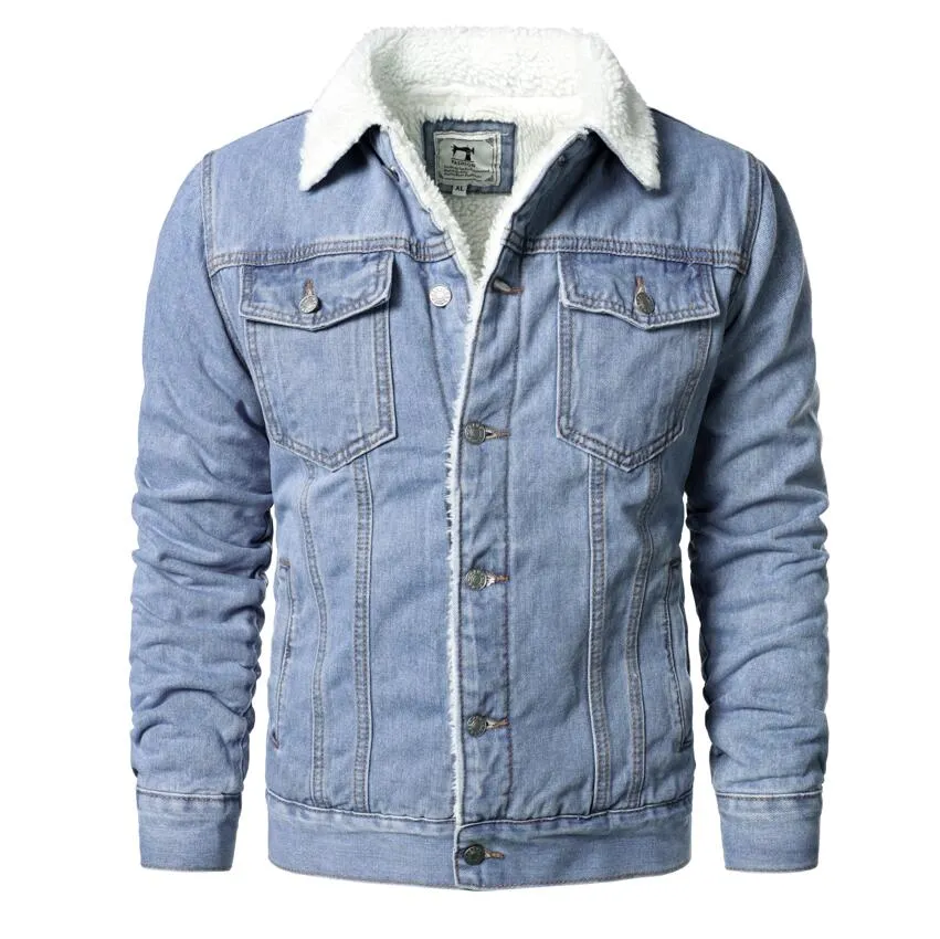 Men Light Blue Denim Jacket with Wool Liner Casual Winter Coat Size 6XL ...