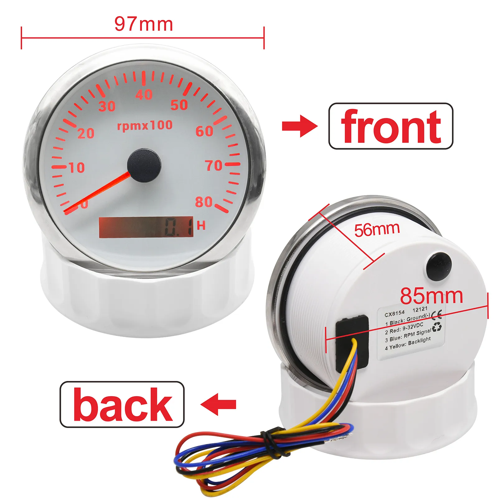 Backlight Waterproof 85mm Tachometer RPM Gauge with Hour Meter 3000RPM ...