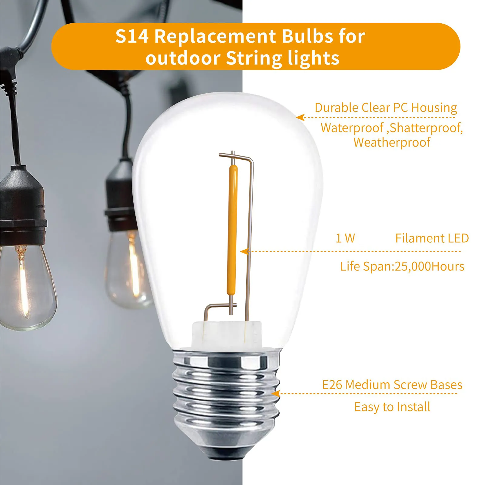 S14 Shatterproof LED Bulb Replacements, Energy-Saving E27 220V Outdoor ...