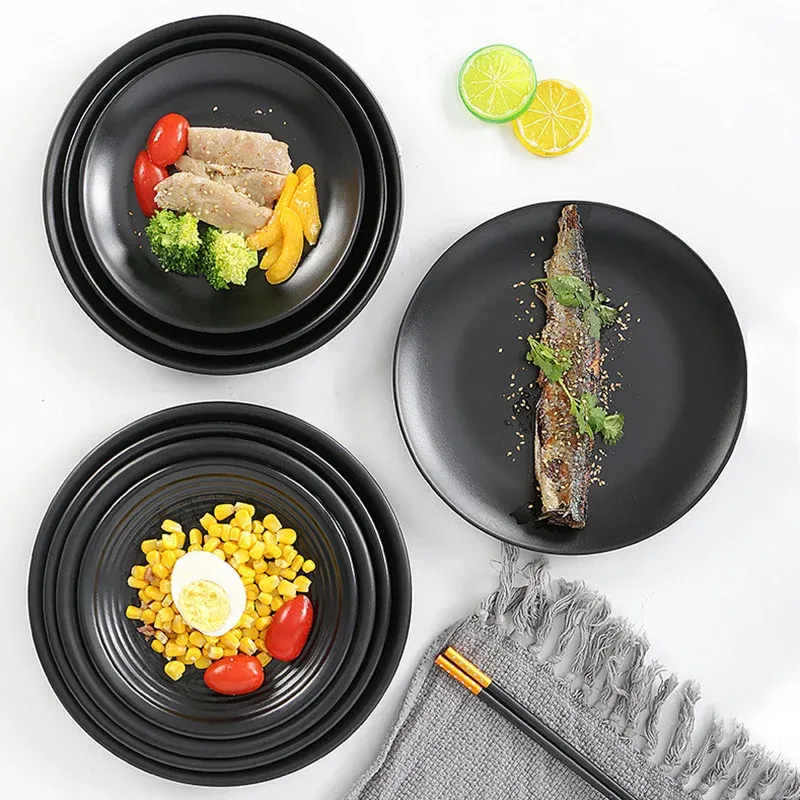 Black Melamine Dinner Plate - Shatterproof Round Tray for Sushi, Snacks ...
