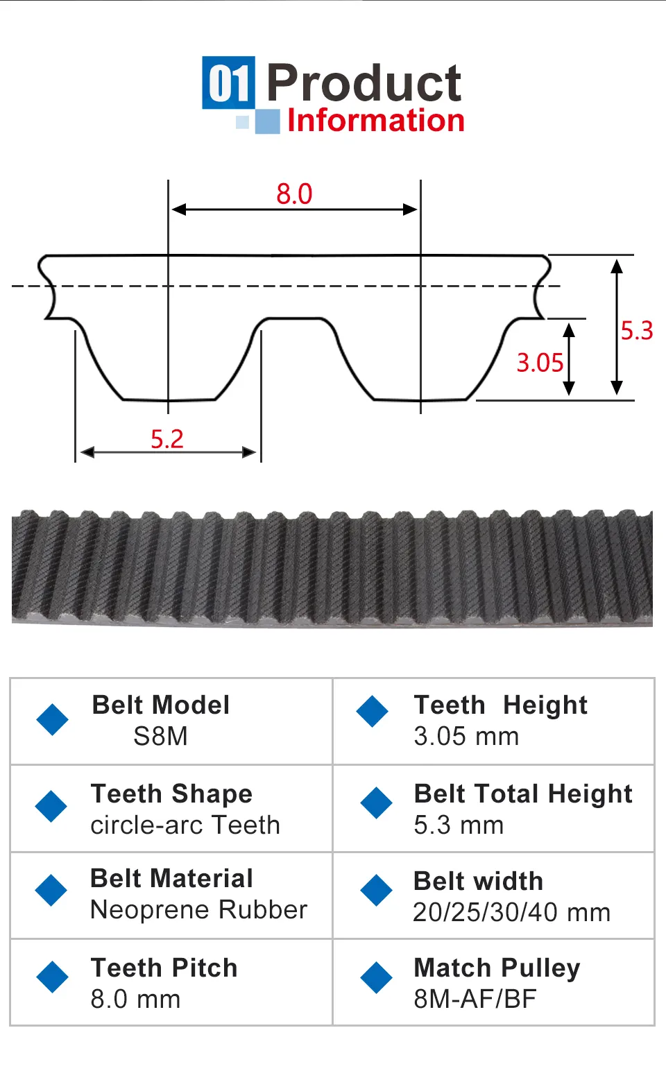 Timing Belt S8M 712/720/728/736/752/760/768/776/784/792Teeth Pitch 8.0 ...