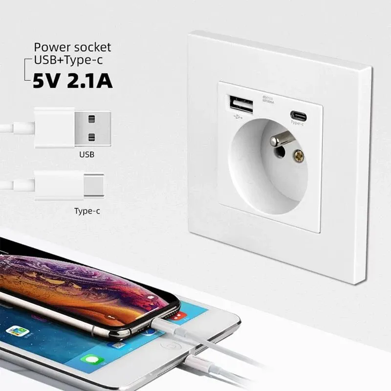 USB C PD Outlet Wall Socket High Power 16A, Glass Panel, 5V 2.1A USB ...