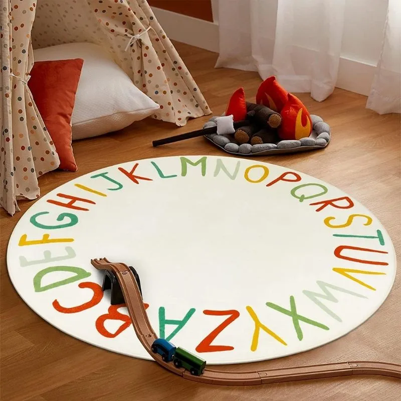 Plush Fluffy Alphabet Learning Play Mat for Kids' Rooms, Round Rug for ...