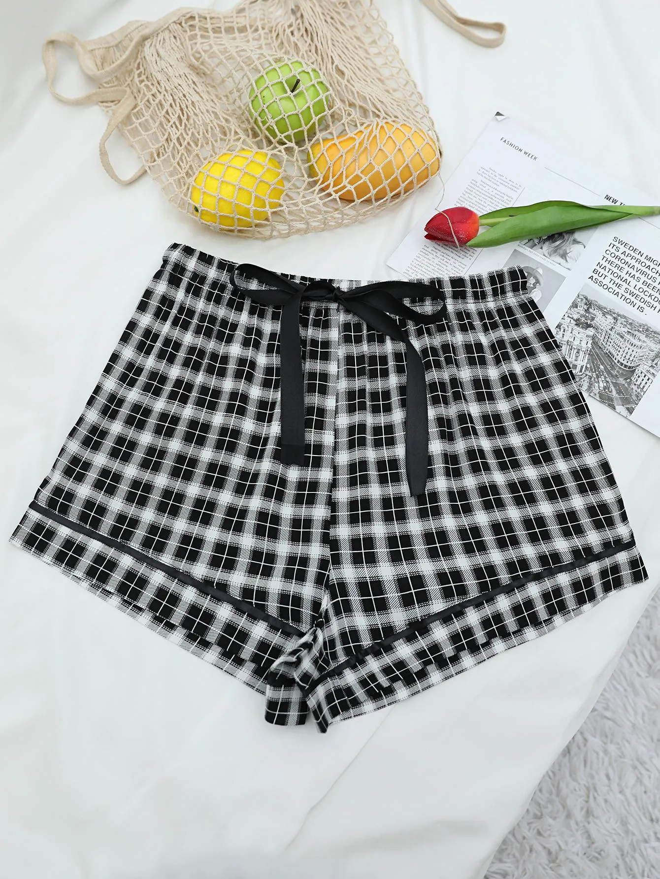 Women's Summer Pajama Shorts Set - Plaid Lounge Pants, Elastic Waist ...